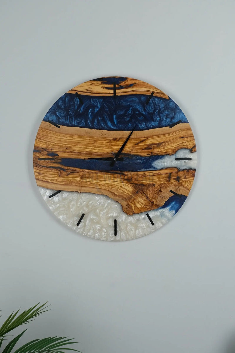 Custom Wall Clock with Epoxy Blue White Toning and Olive Wood – Art ...