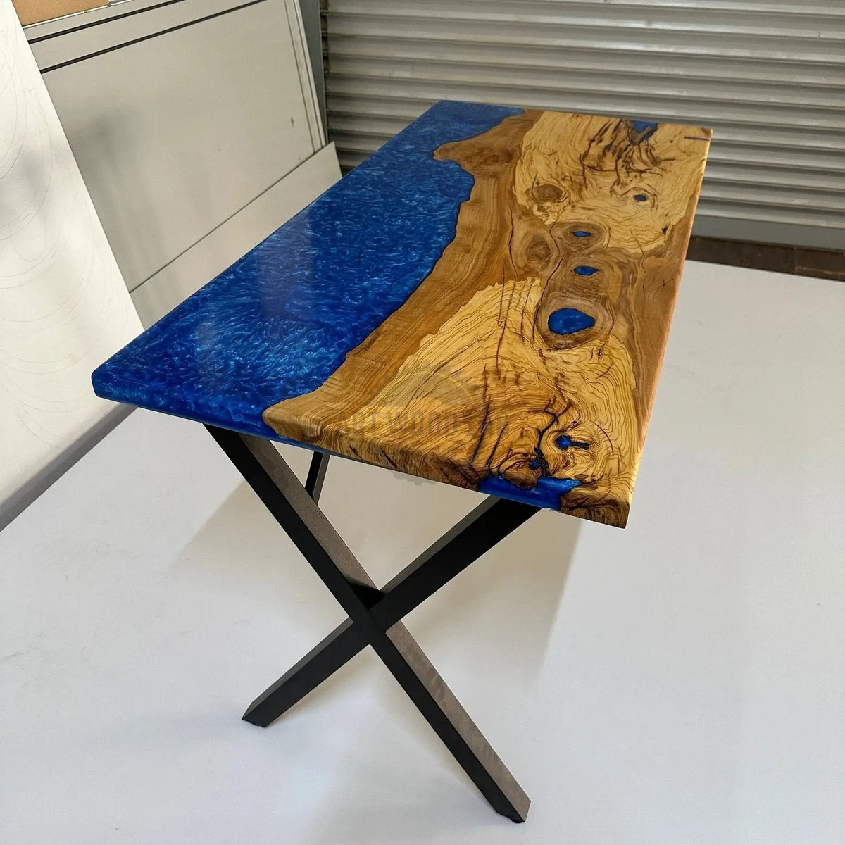 Wood Dining Table with Epoxy Blue Artistic Design – Art Wood Lab